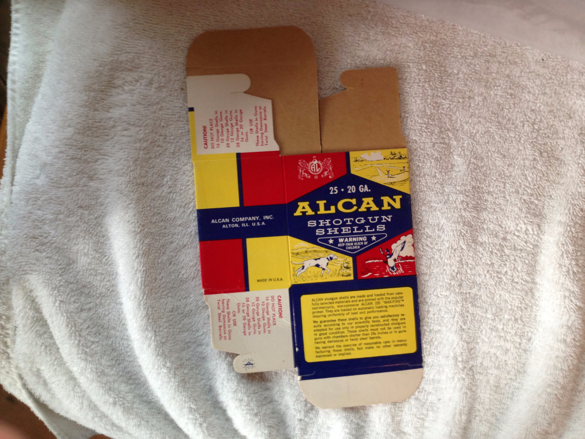 ALCAN 20 GAUGE SHOTGUN SHELLS FLAT UNOPENED EMPTY BOX VINTAGE SMOKELESS ...