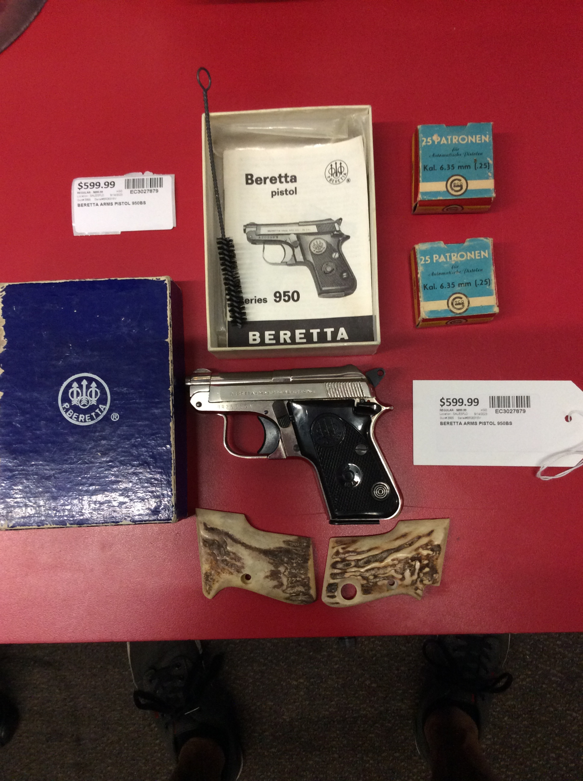 Beretta 950 Nickel Semi Auto Pistol w/original box and papers. .25 ACP ...