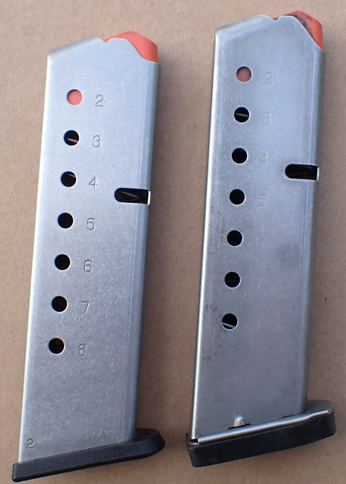 SMITH & WESSON 45 ACP CLIPS, TWO (2) IN NUMBER, STAINLESS STEEL, ORANGE ...