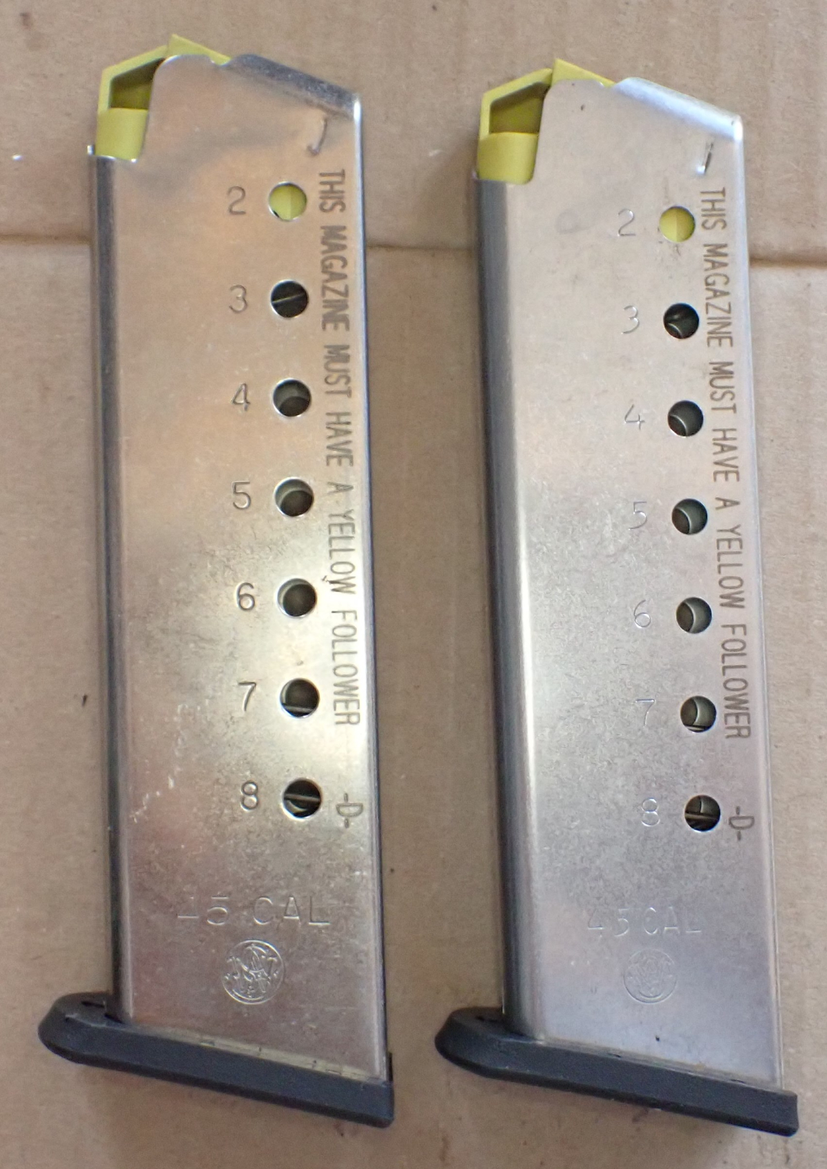 TWO (2) SMITH & WESSON 1911 45ACP MAGAZINES, YELLOW FOLLOWER. .45 ACP ...