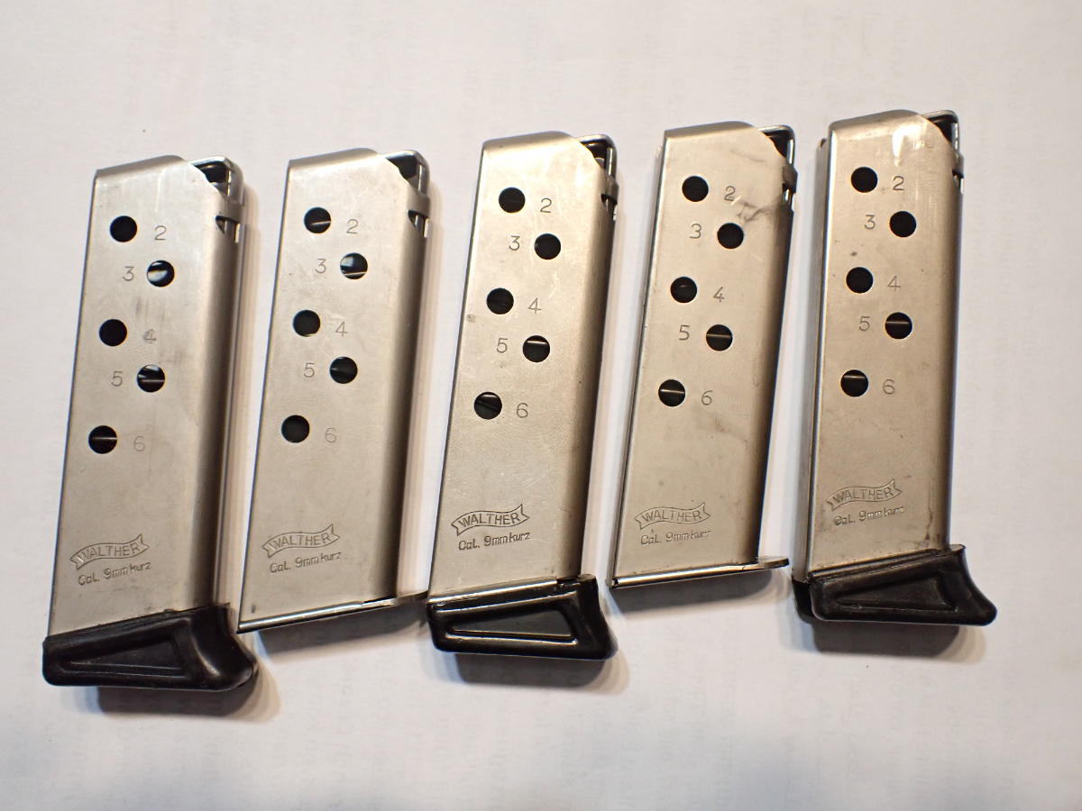 FIVE (5) WALTHER PPK 380 MAGAZINES, 6 SHOT, FACTORY NEW AND MADE BY ...