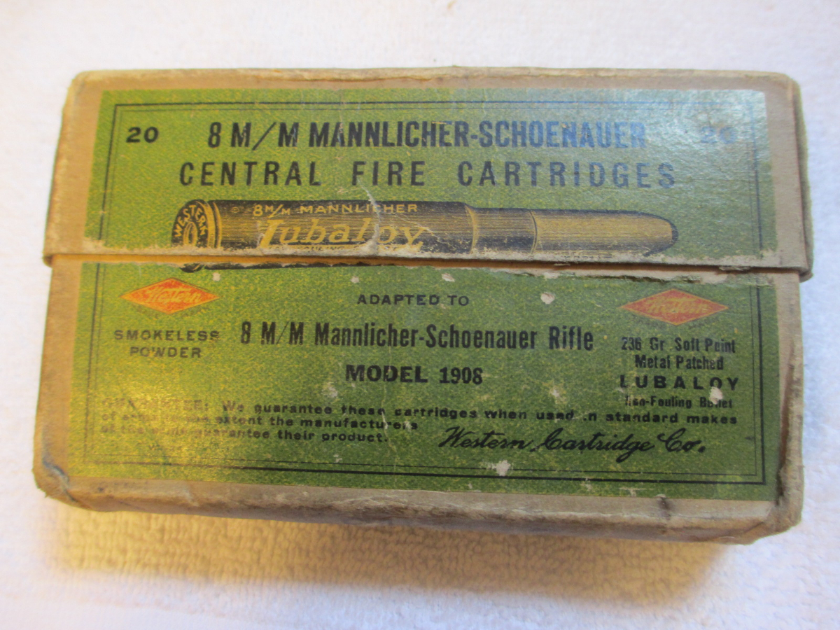 FULL ORIGINAL VINTAGE BOX OF WESTERN 8mm MANNLICHER-SCHOENAUER AMMO 8mm ...