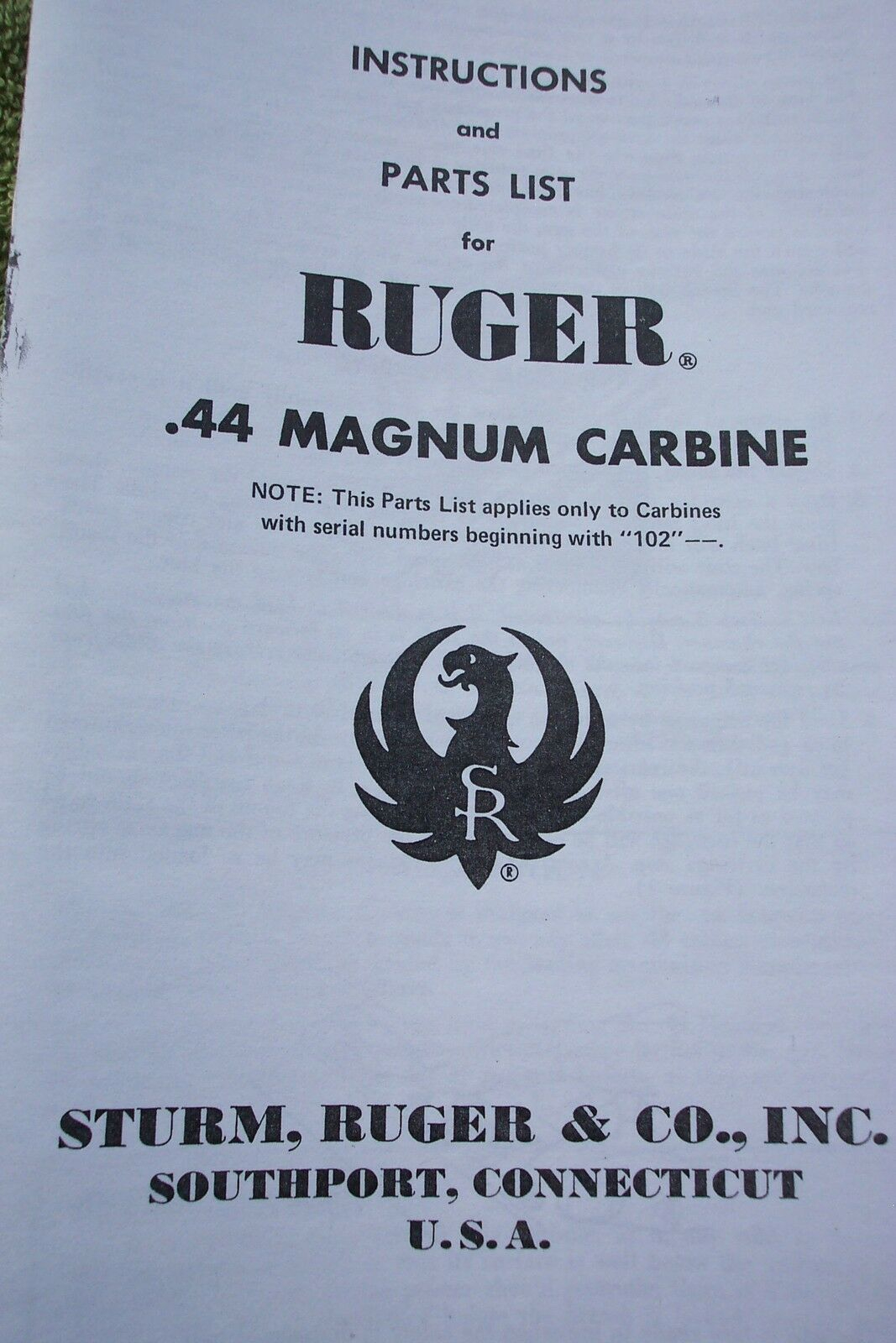 Ruger .44 MAGNUM CARBINE INSTRUCTION MANUAL & PARTS LIST (3) .44 Mag ...