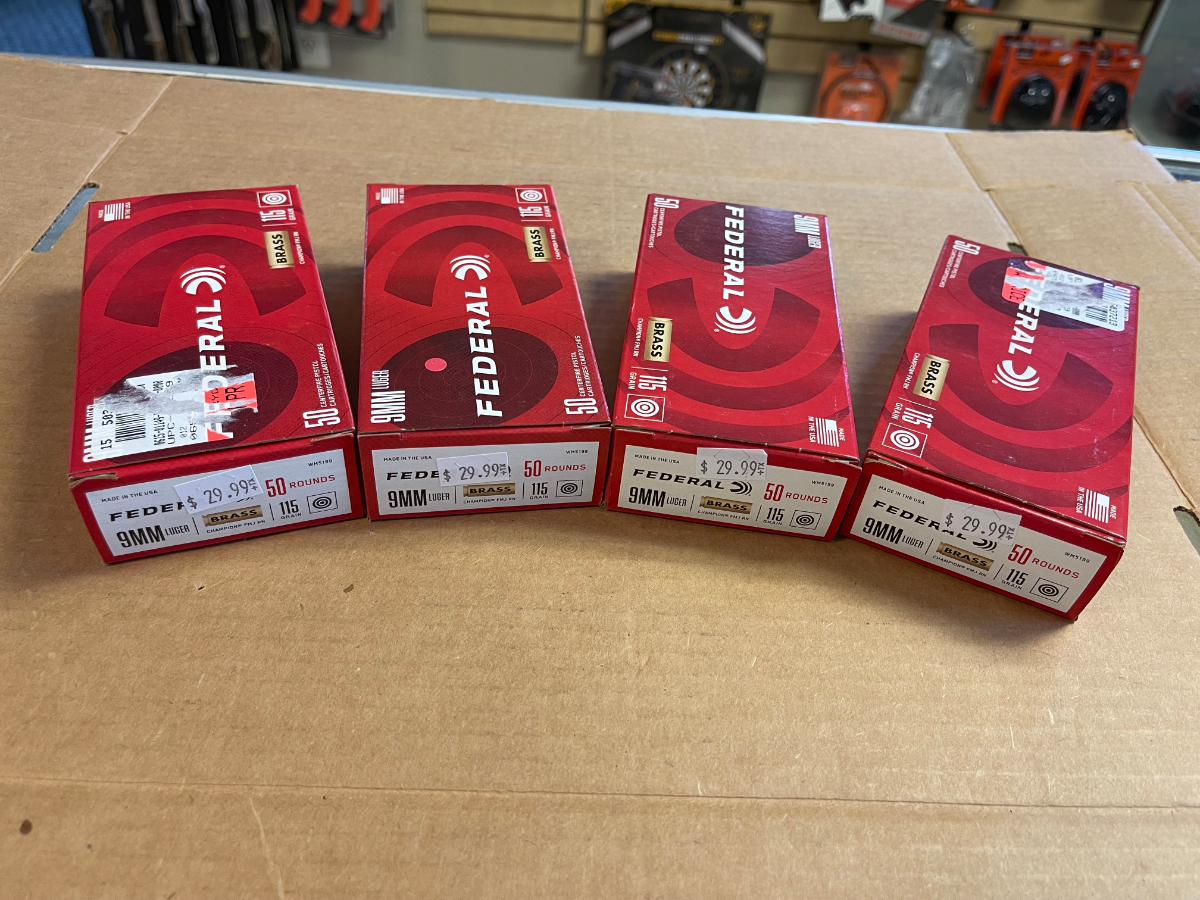 200 ROUNDS FEDERAL BRASS 9MM AMMUNITION 115 GRAIN FMJ NEW IN BOXES 9mm ...